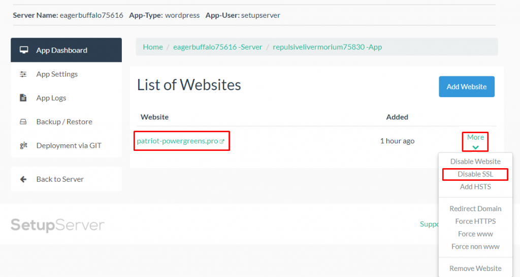 Disable SSL from SetupServer.io - SetupServer.io