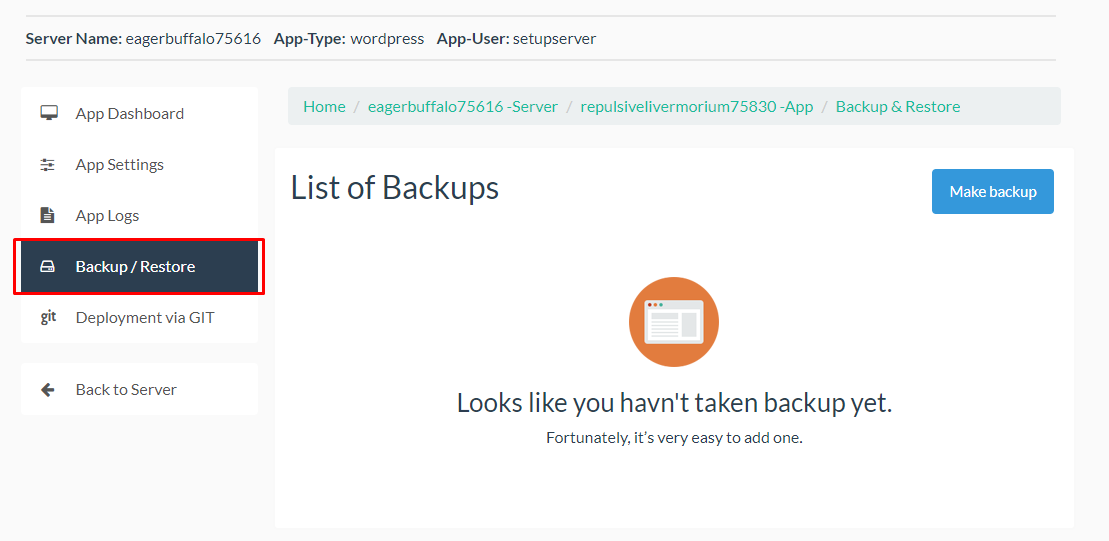 Manage Application Backup - SetupServer.io